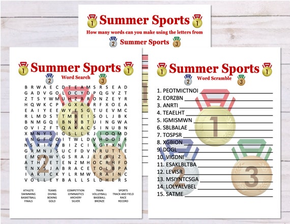 Set of 3 Summer Sports Games Word Search Word Scramble - Etsy