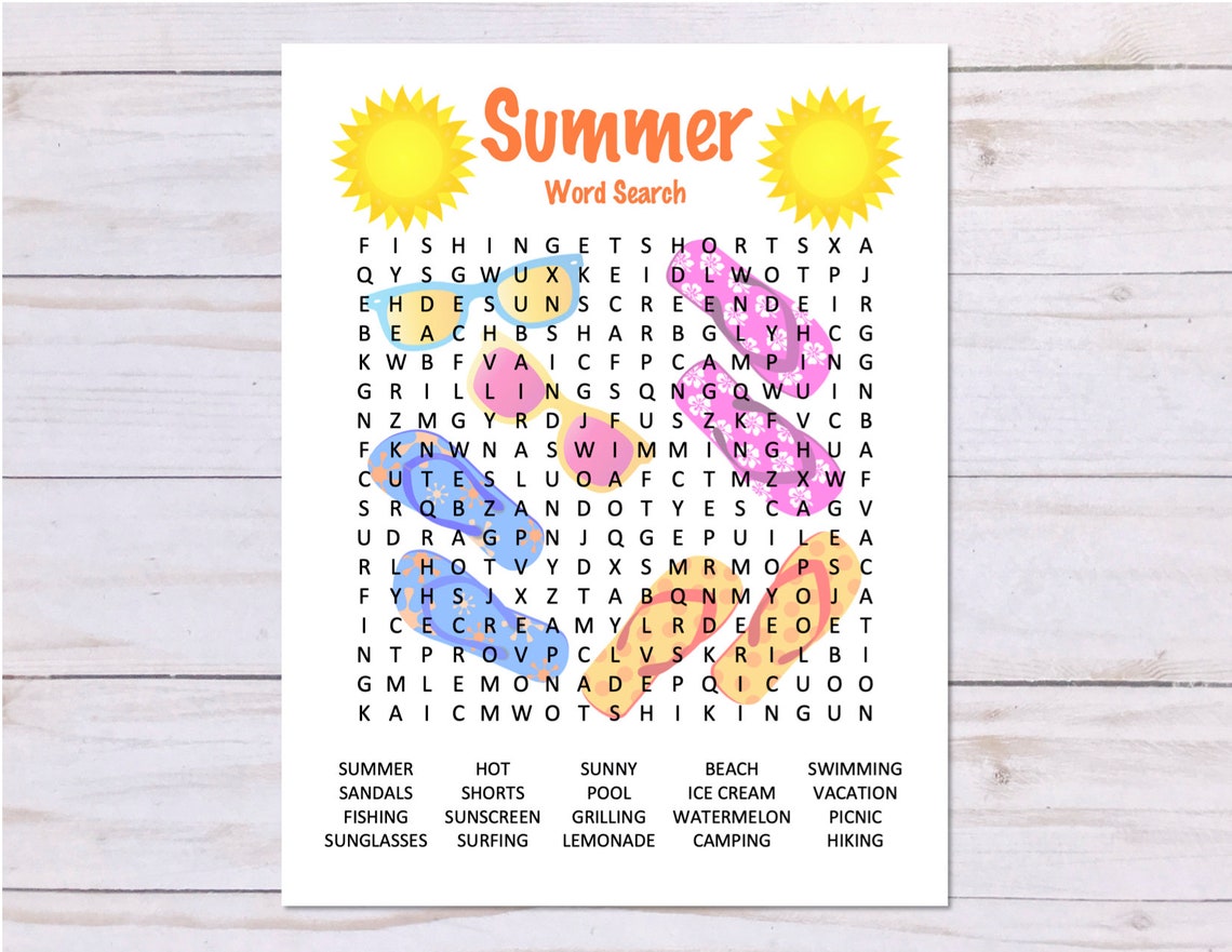 Set of 2 Summer Word Games, Word Search and Word Scramble, Summer Party ...
