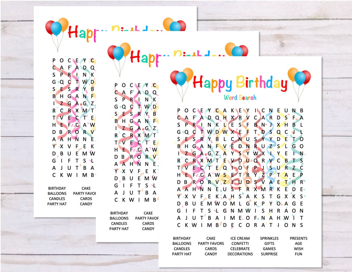 Set of 3 Birthday Games, Word Search, Word Scramble, Anagram, Happy ...