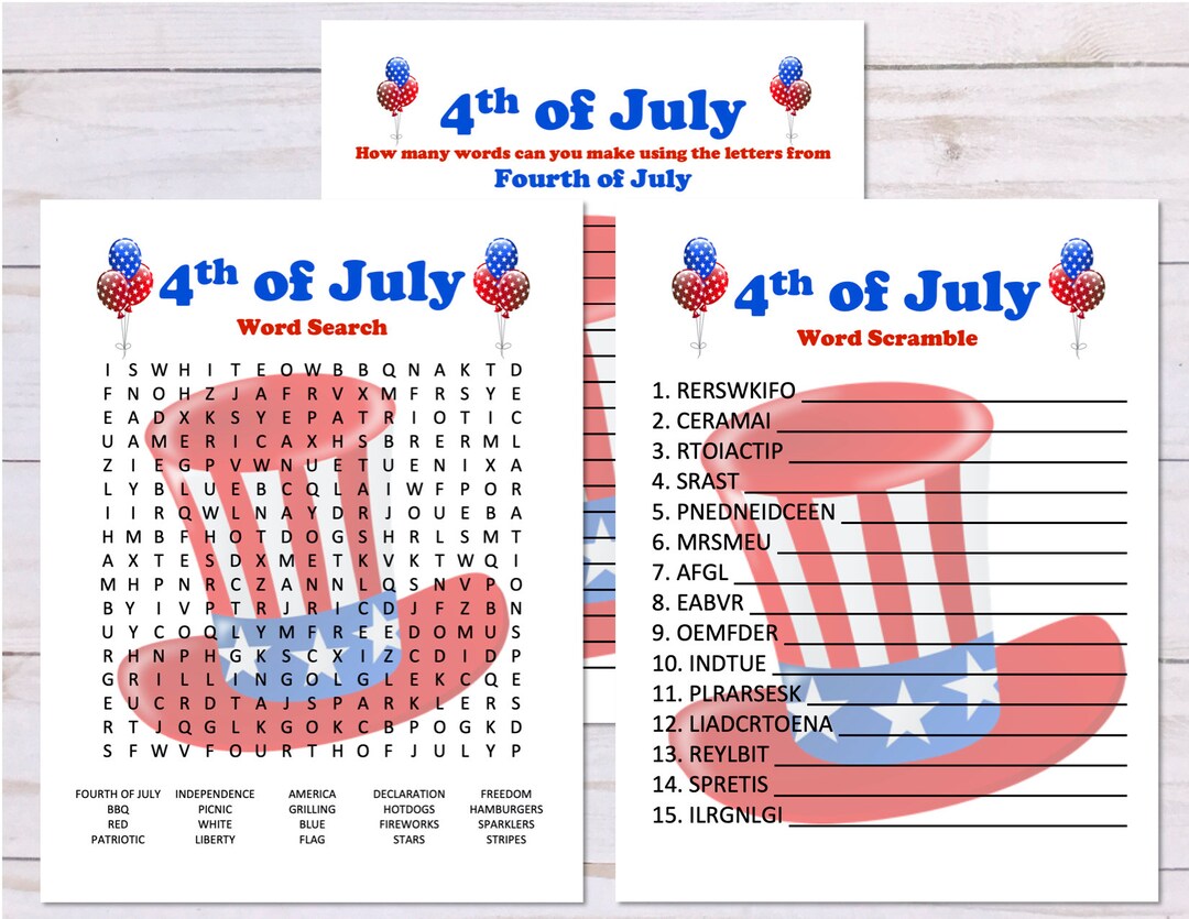 Set of 3 4th of July Printable Games Word Search, Word Scramble ...