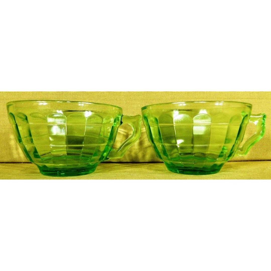 2 Vintage Anchor Hocking Block Optic Green Depression Uranium Glass ...