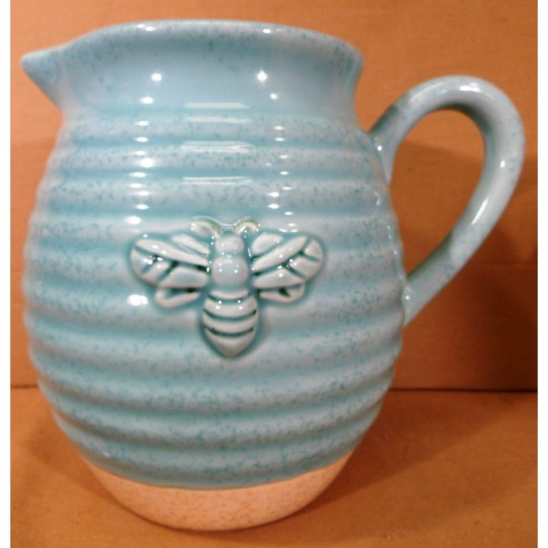Teleflora Busy Bee Bouquet Pitcher Blue and Cream 6” Stoneware Flower ...