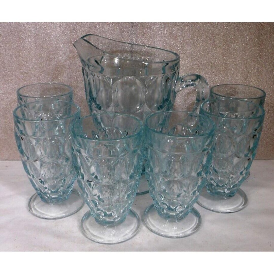 Vintage Jeanette Pilgrim (thumbprint) Iced Blue Glass Pitcher & 6 Juice ...
