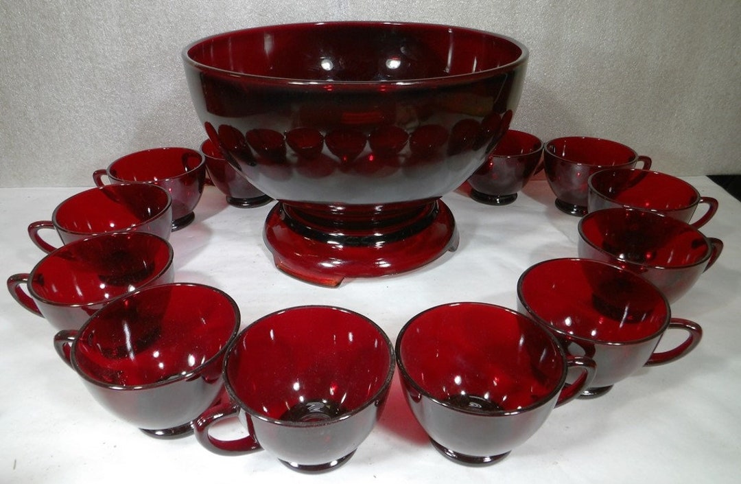 Vintage 14pc Anchor Hocking Royal Ruby Punch Bowl Set Bowl - Etsy