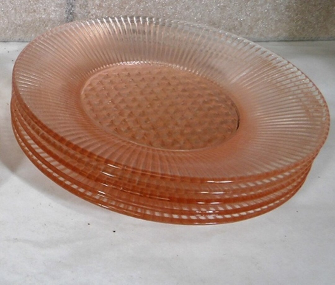 5 Pink Depression Glass Homespun Jeannette fine Rib Childs 4 1/2 Plates ...