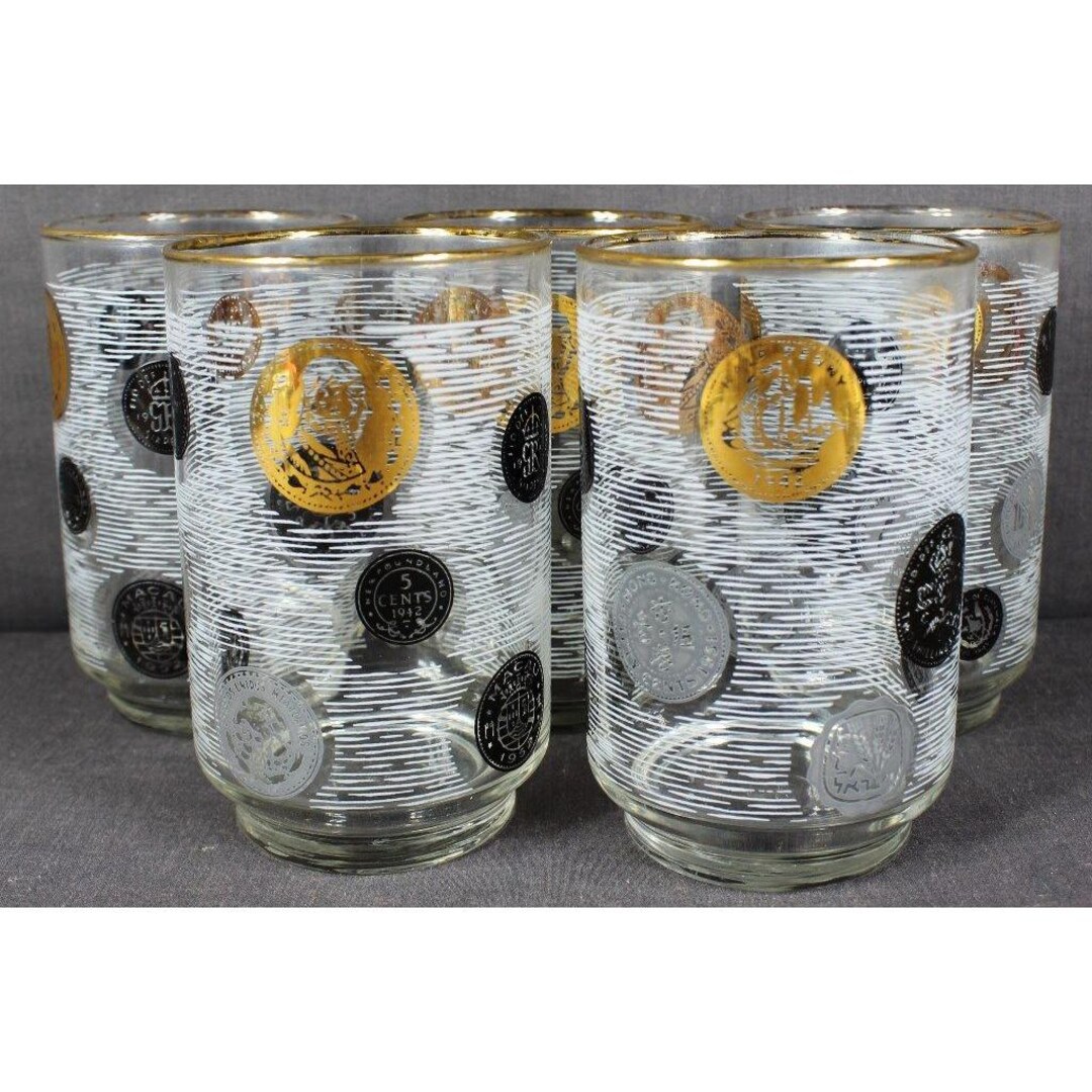 Vintage Mid-century Modern Cocktail Glasses Set With Black & Gold Coin ...
