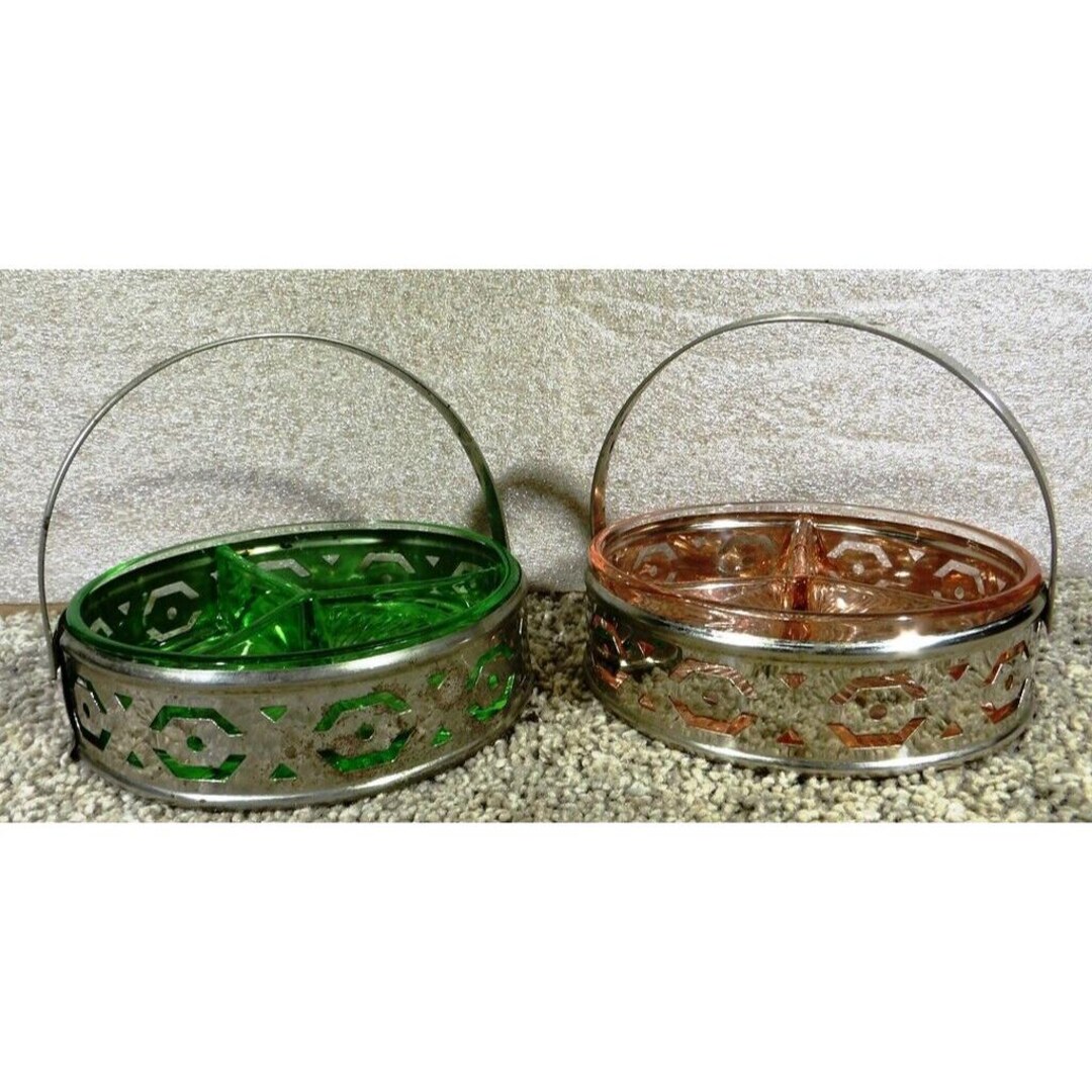 2 Paden City Green & Pink Depression Glass 3 Part Relish Dishes Metal ...