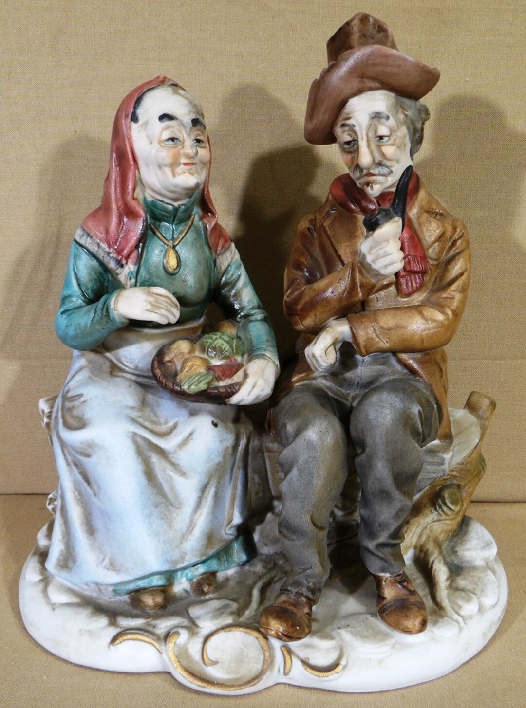 Vintage Hand Painted Lefton Old Man W/ Pipe & Woman W/ Basket Setting ...