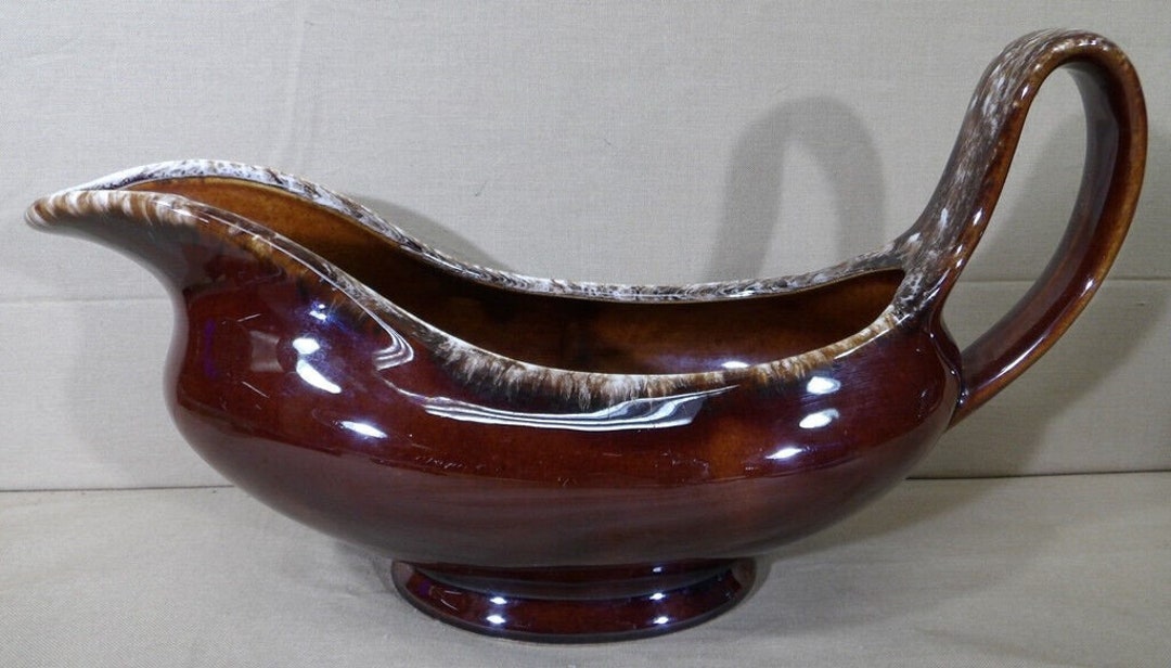 Vintage Hull Pottery Large Gravy Boat Brown Drip Glaze Oven Proof USA ...