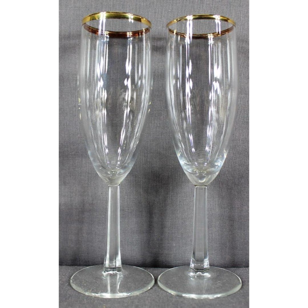 2 Crystal Fluted Champagne Glasses Gold Rim Crystal Champagne Stemware ...