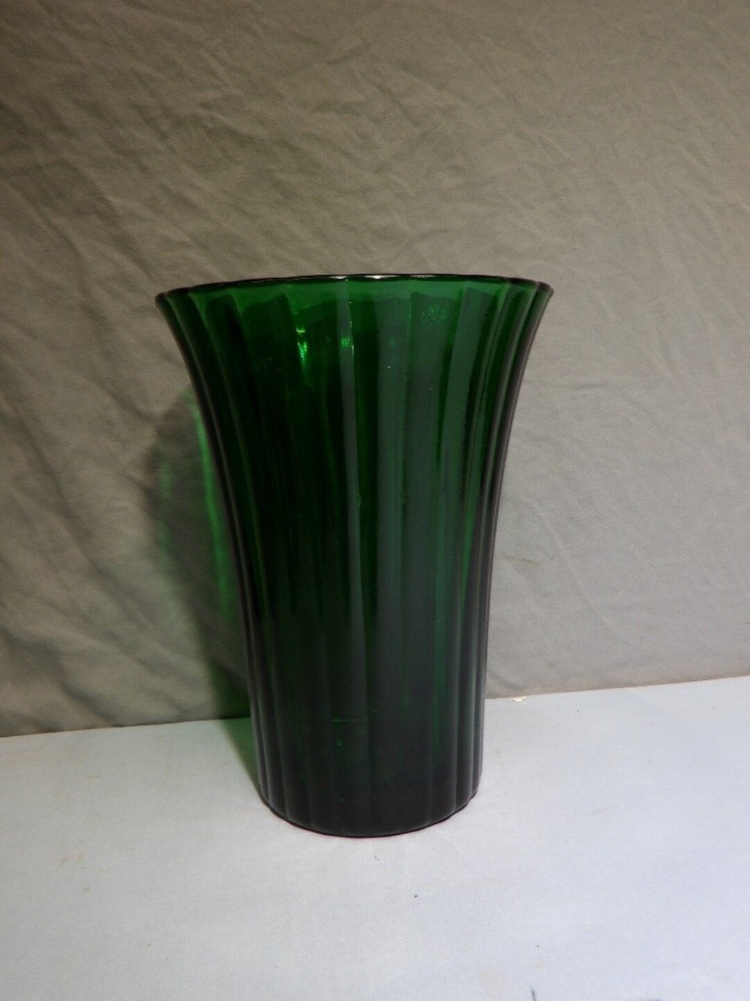 Vintage NAPCO Forest Green Glass Vertical Ribbed Vase Wide Mouth Made ...