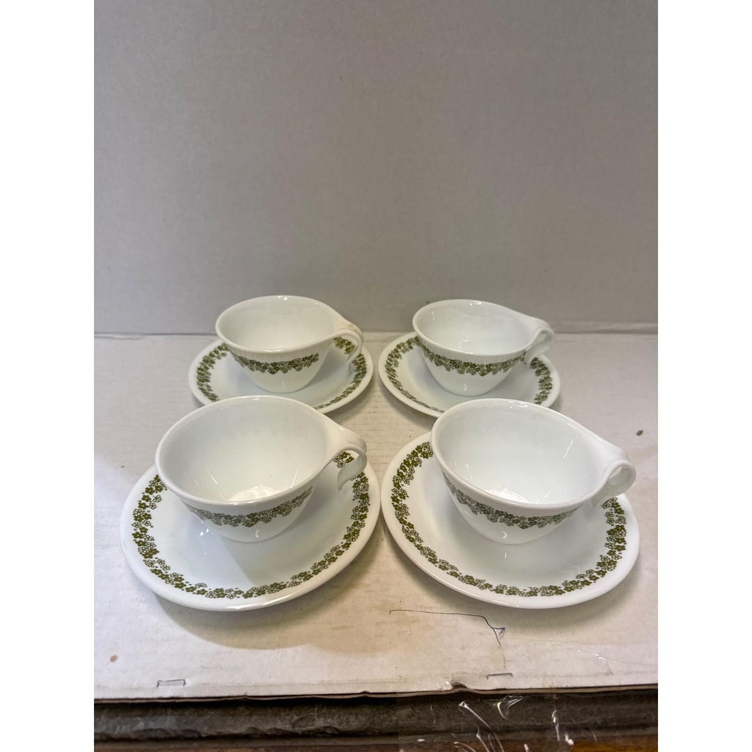 4 Corelle Spring Blossom Green Cup & Saucer Set Durable Glass ...