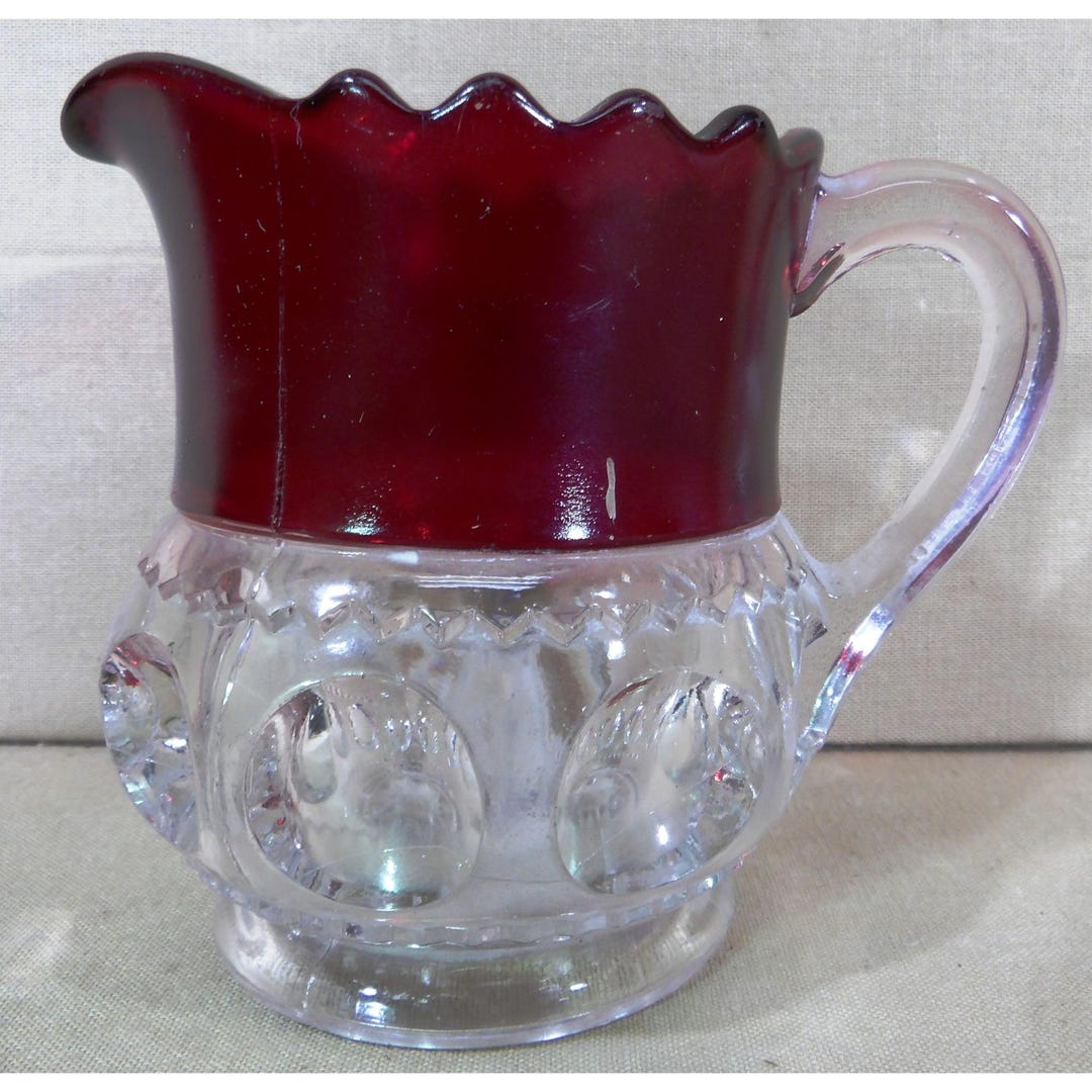 1800's EAPG US Glass Kings Crown Thumbprint Ruby Flash Glass Creamer 3 ...