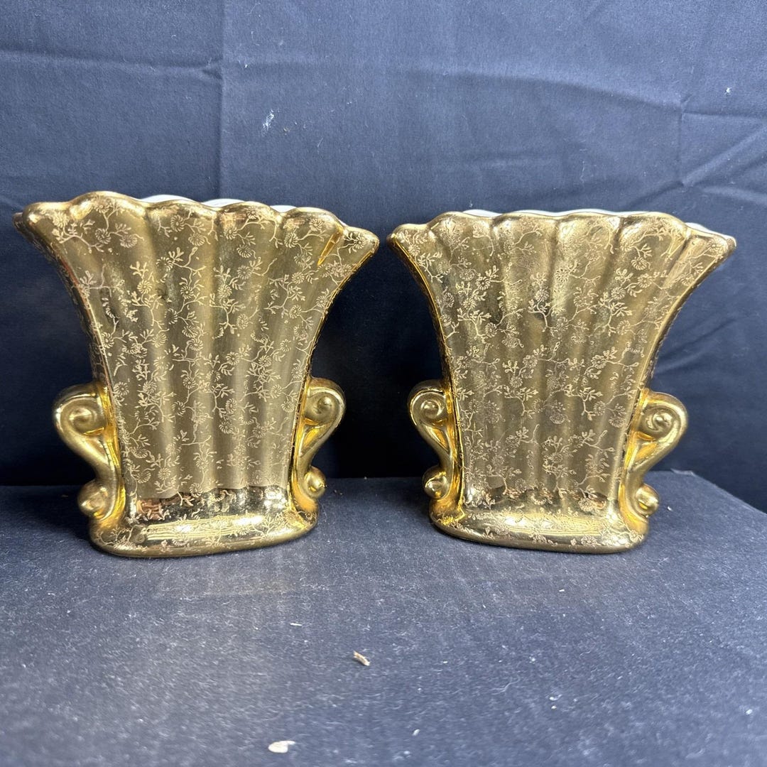 2 Vintage Mid Century Fan Vase 22k Gold Leaf Double Handled Floral ...