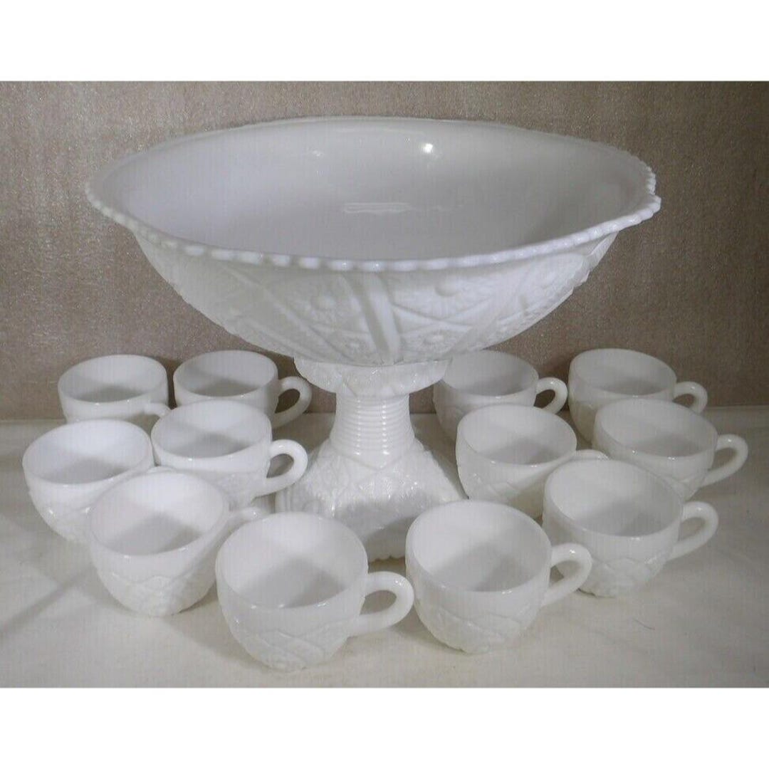 14pc Thatcher Mckee Concord White Milk Glass Punch Bowl Set 12 Cups ...