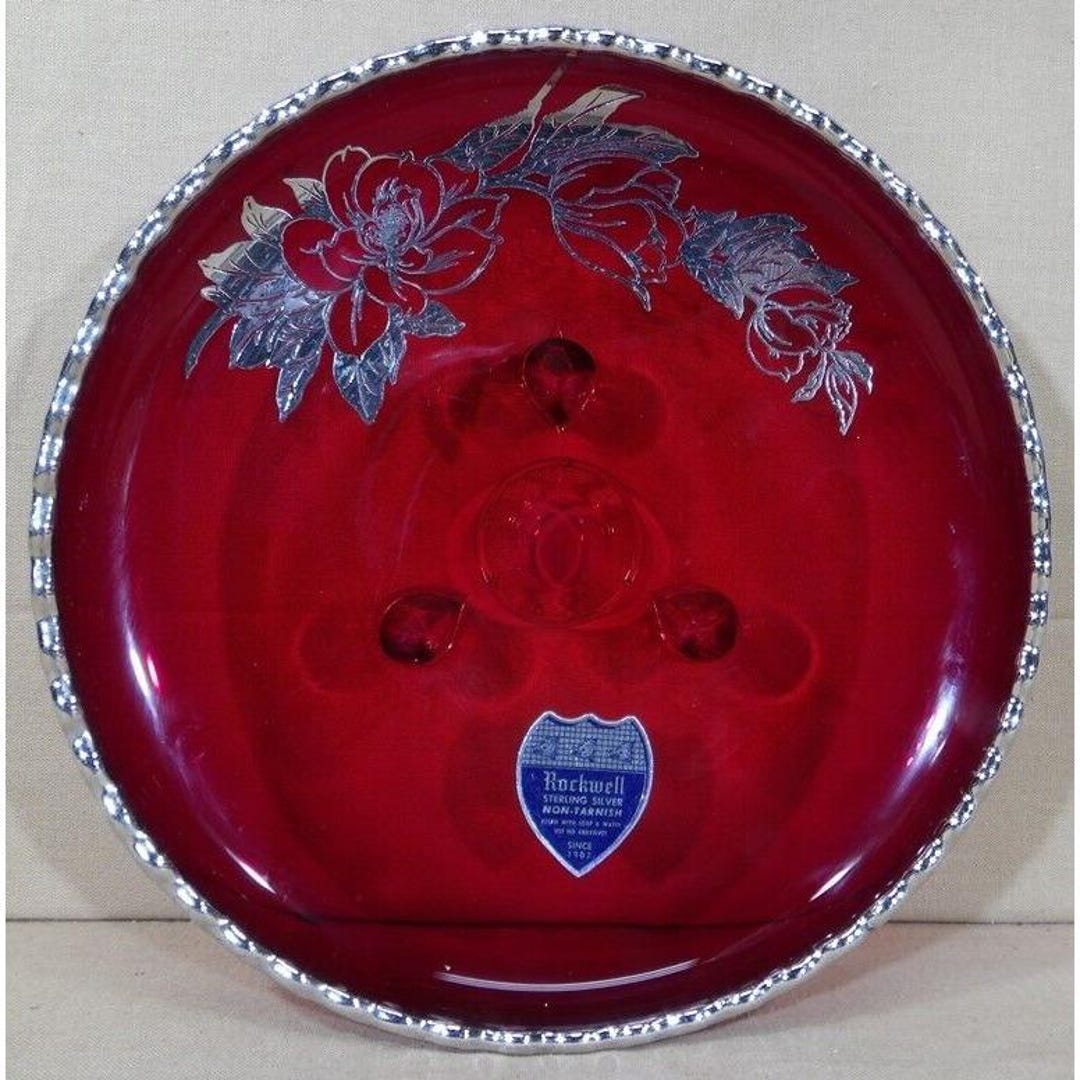Vintage Ruby Red Glass Rockwell Non Tarnish Silver Overlay 6 3/4" 3 ...