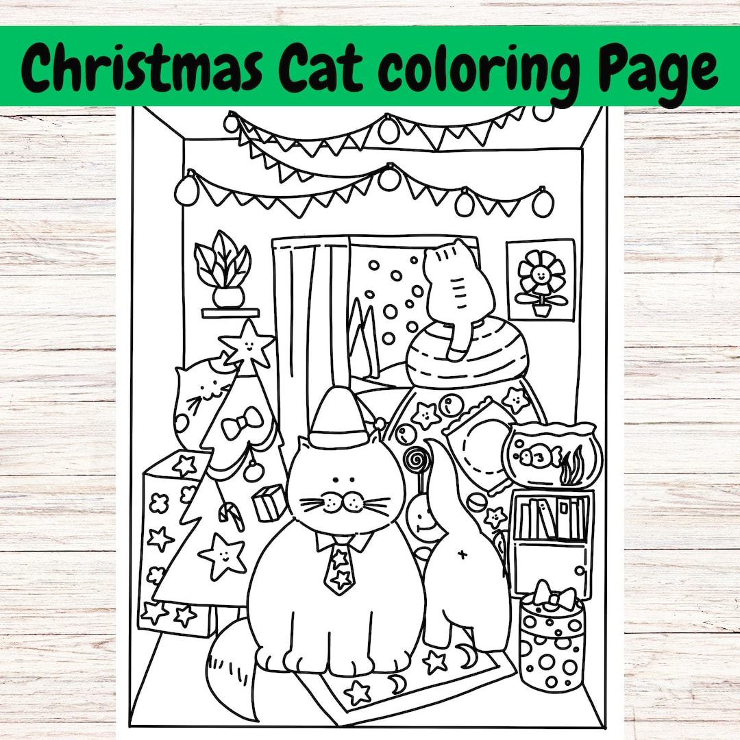 Christmas Cat Coloring Page for Kids , Coloring Page for Adults ...