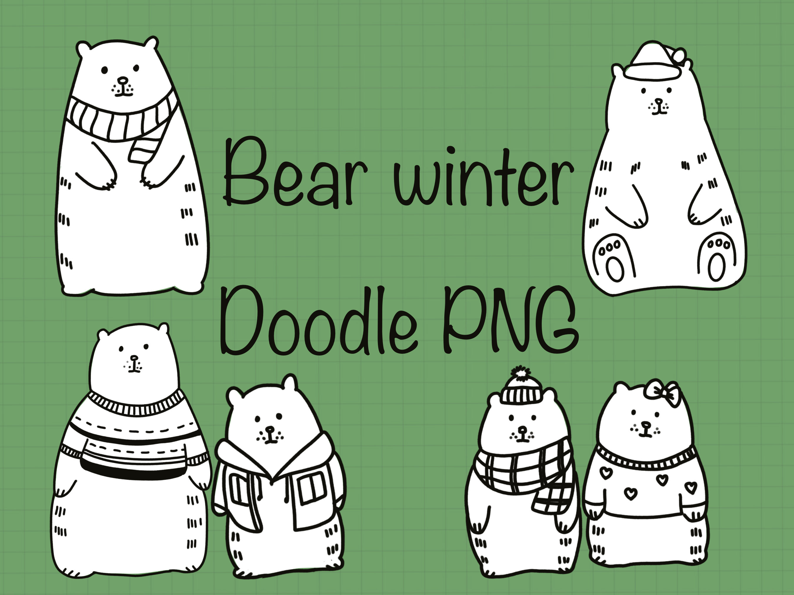 Bear Winter Doodle Hand Draw Clipart Black and White - Etsy