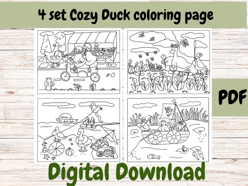 Cozy Duck Coloring Page for Adults, Digital Coloring Book, Relaxing ...