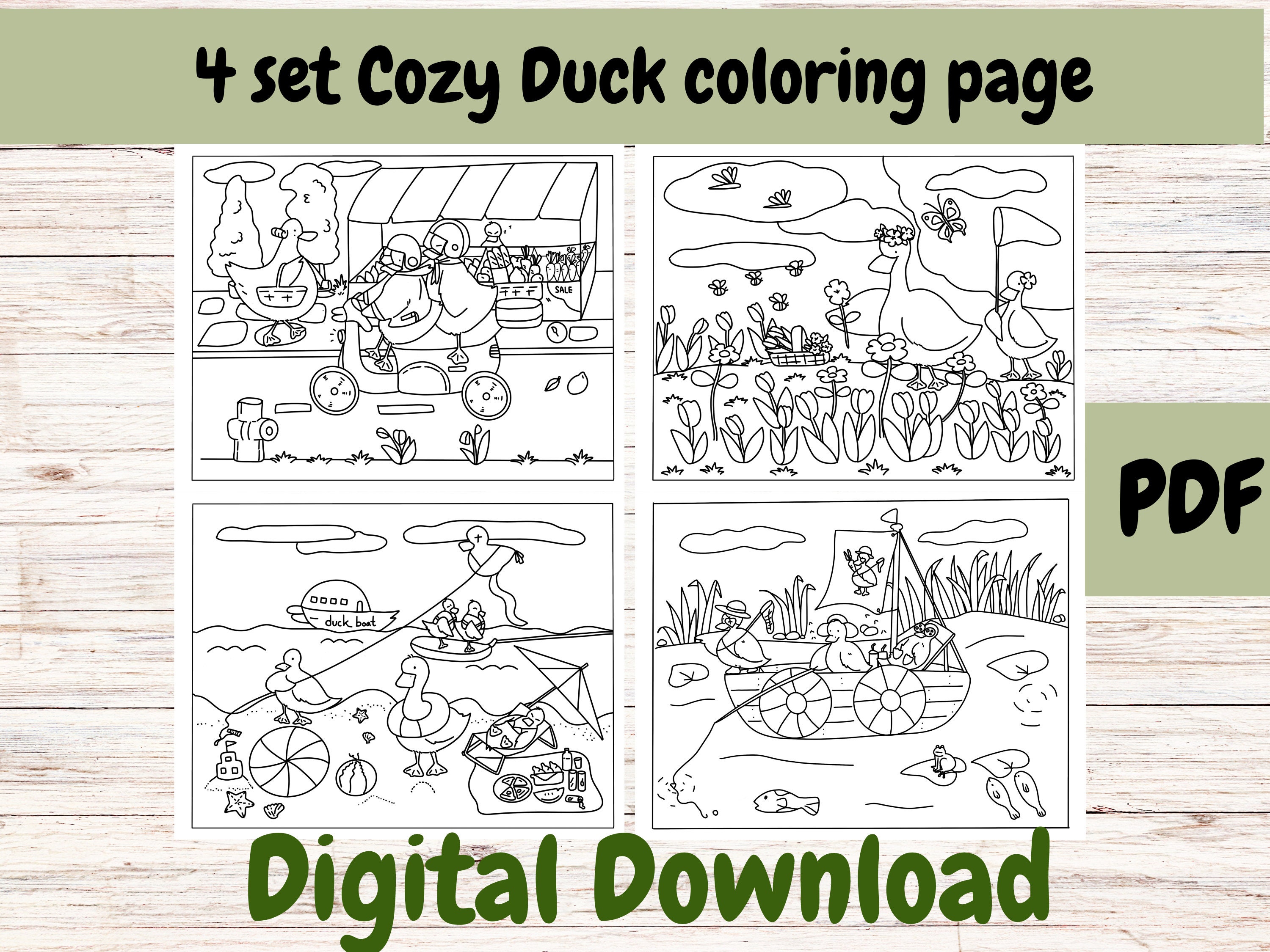 Cozy Duck Coloring Page for Adults, Digital Coloring Book, Relaxing ...