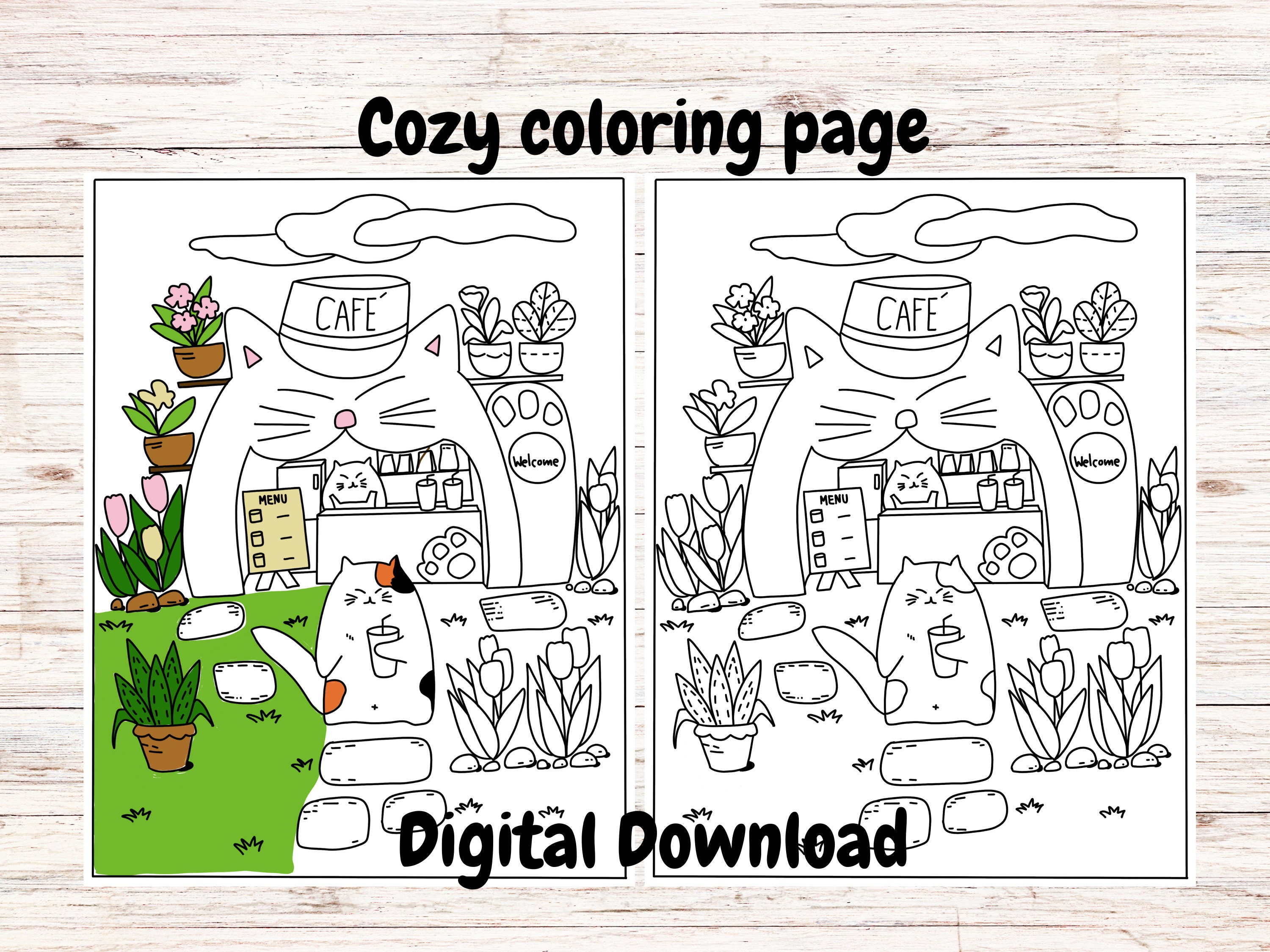 Cozy Cat Storefront Coloring Page: Relaxing Art (digital Download) - Etsy