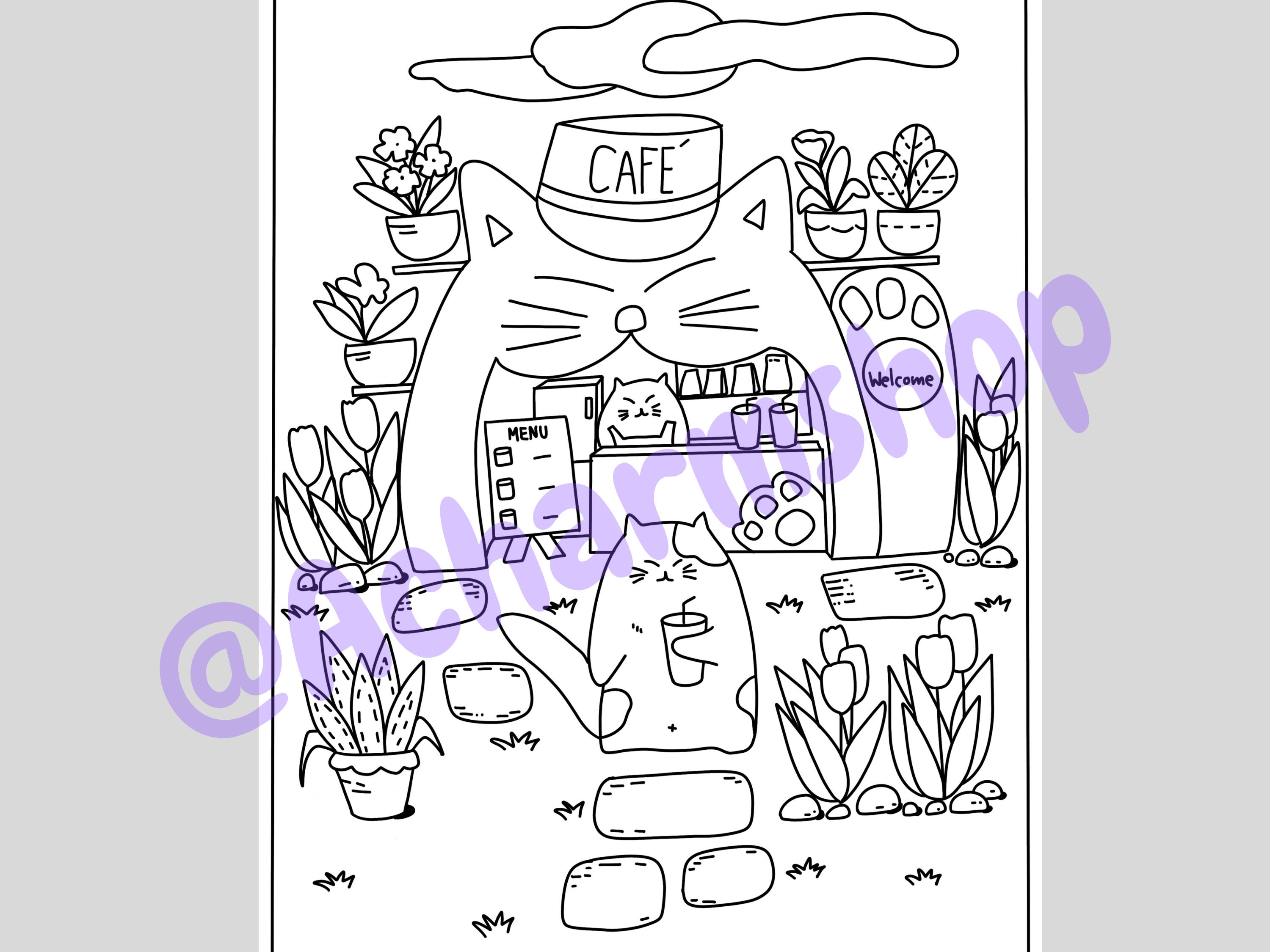 Cozy Cat Storefront Coloring Page: Relaxing Art (digital Download) - Etsy