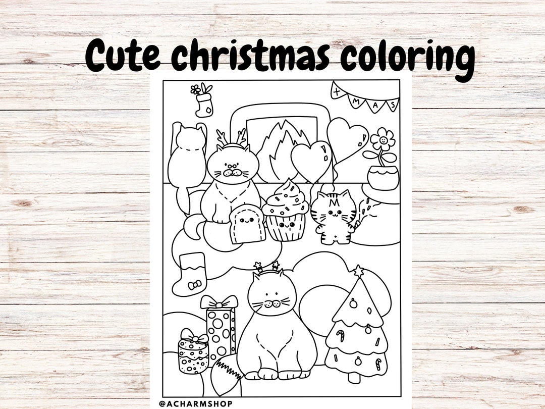 Hand Drawn Cute Christmas Coloring Page for Kids, Adults (digital ...