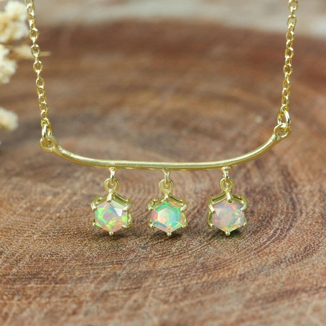 3 White Fire Hexagon Opal Bar Pendant Necklace for Women Natural Fire ...