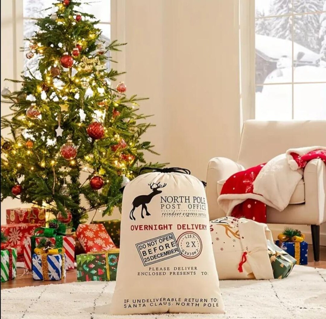 Large Christmas Bag Santa Sacks Xmas Canvas Cotton Stocking With ...