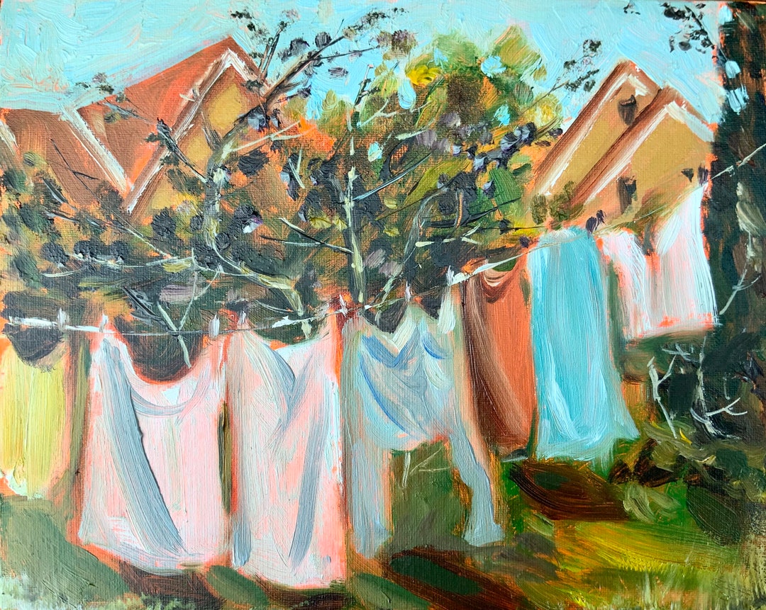 Laundry Painting Clothesline Original Art Impasto Oil Painting Cottage ...