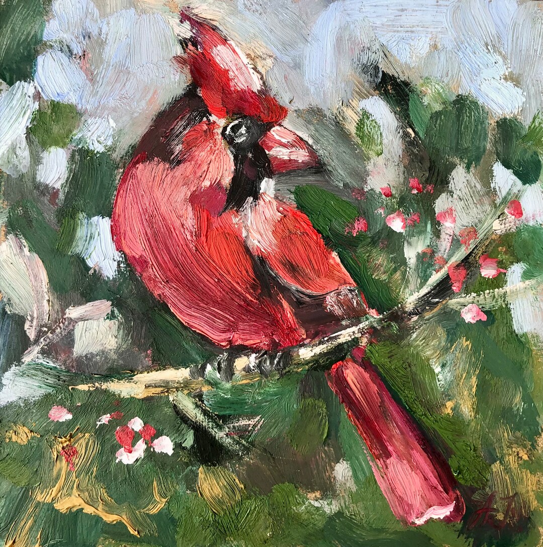 Cardinal Painting Bird Original Art Red Cardinal Artwork 6 X 6inch ...