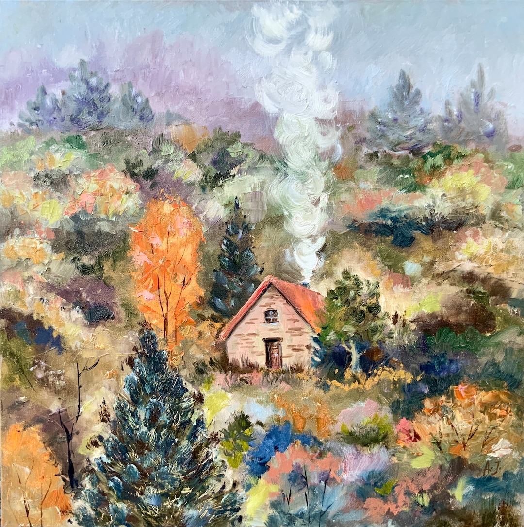 Impasto Forest Cabin Oil Painting: Autumn Landscape Art, 20x20" by ...