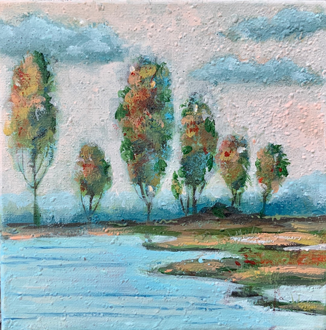 Trees Painting River Original Art Landscape Painting 8x8" Riverside Art ...