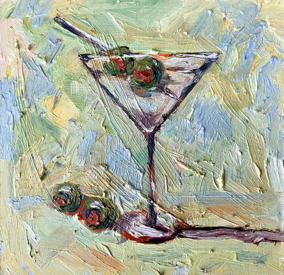 Olive Martini Painting, Original Impasto Oil Painting 6x6, Cocktail Art ...