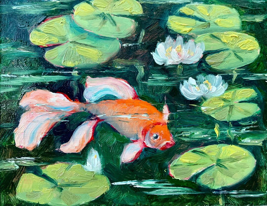 Koi Fish Painting Water Lilies Original Art, Impasto Oil Painting, Pond ...
