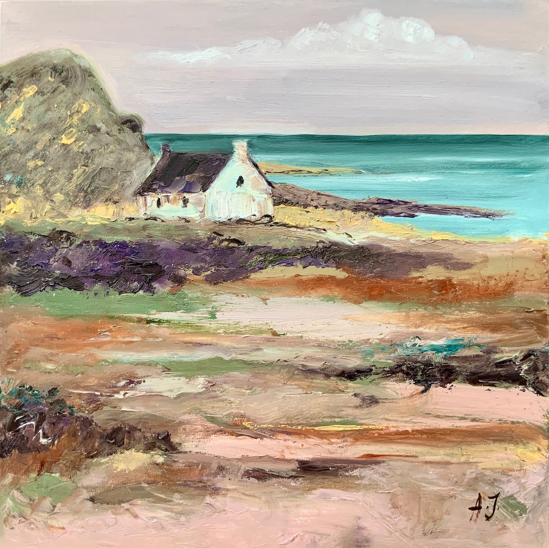 Cozy Cottage Painting Coastline Original Art Landscape Artwork 20 X 20 ...