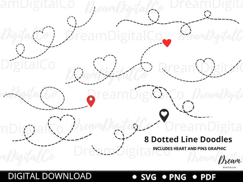 Dotted Line Svg, Dashed Line Doodles Set 8 Design Set + Pin & Heart Png ...