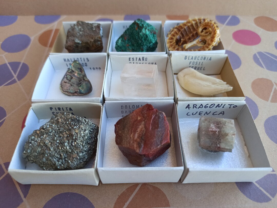 Minerals Collection, SET of 9, Aragonite, Malachite, Pyrite, Fossil ...