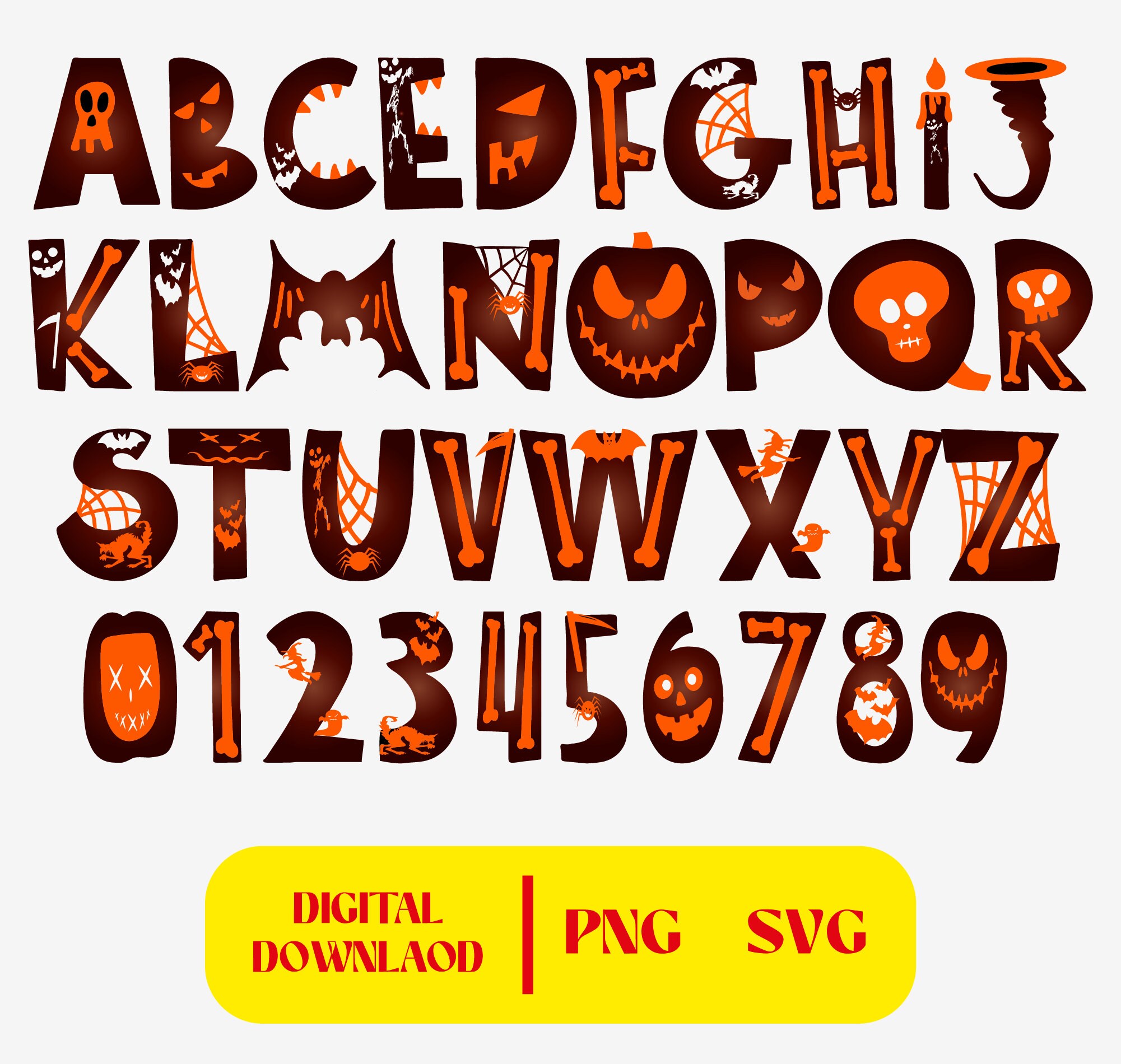 Halloween Doodle Font Bundle: SVG & PNG Files With Clip Art (digital ...