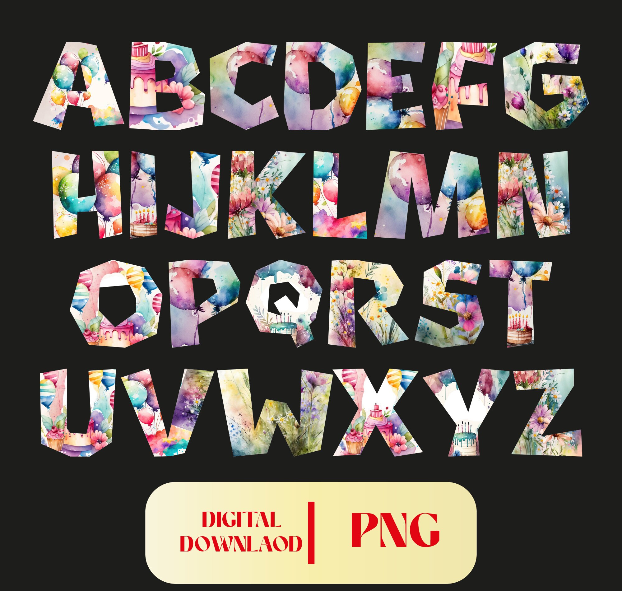 Watercolor Letters and Numbers PNG: Birthday Font (digital Download) - Etsy