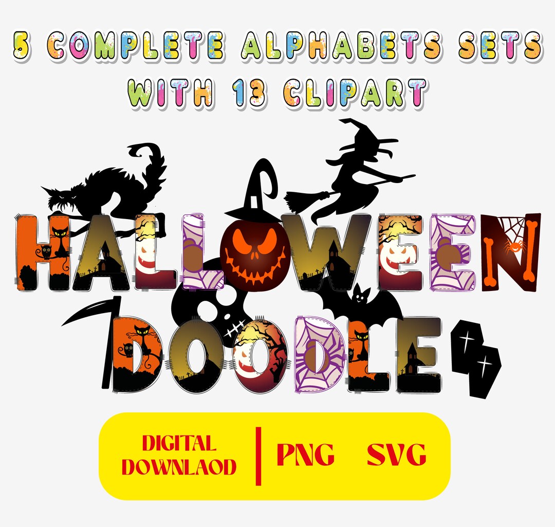 Halloween Doodle Font Bundle: SVG & PNG Files With Clip Art (digital ...