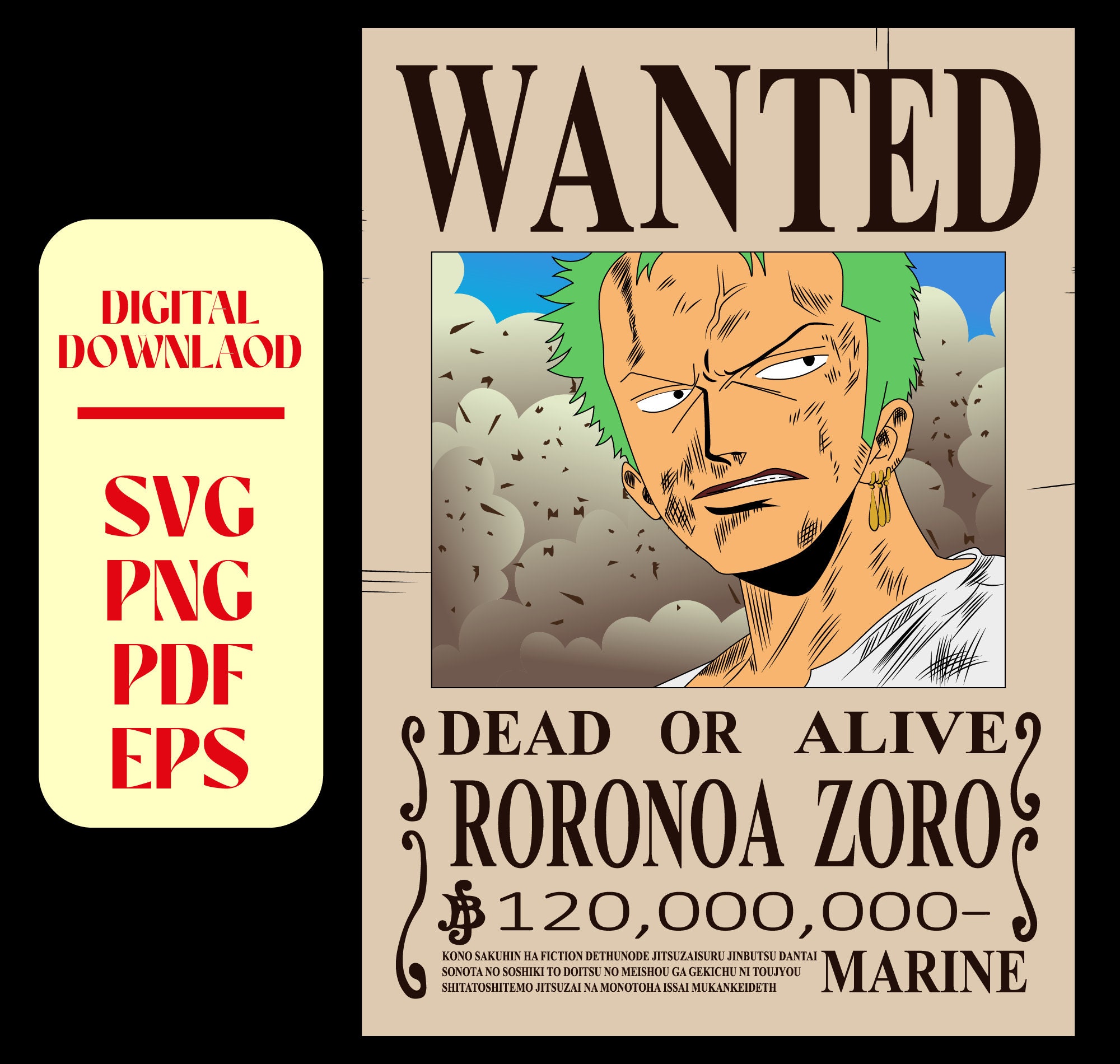 Roronoa Zoro One Piece Wanted Digital Poster PDF Svg File - Etsy