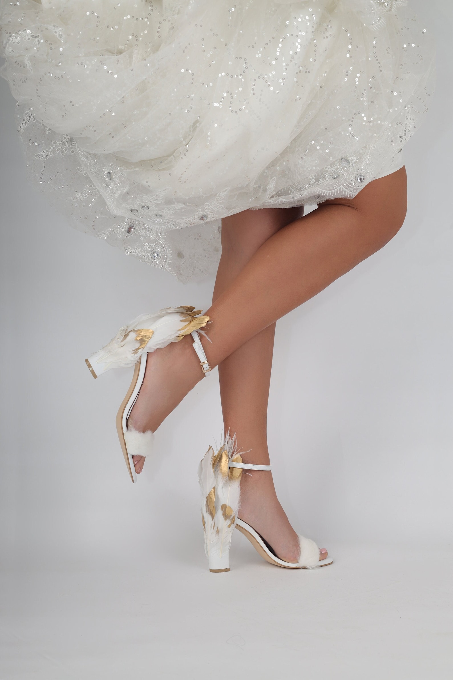 Custom Wedding Block Heels With Feathers , Fairy Fur Bridal Shoes, Fur ...