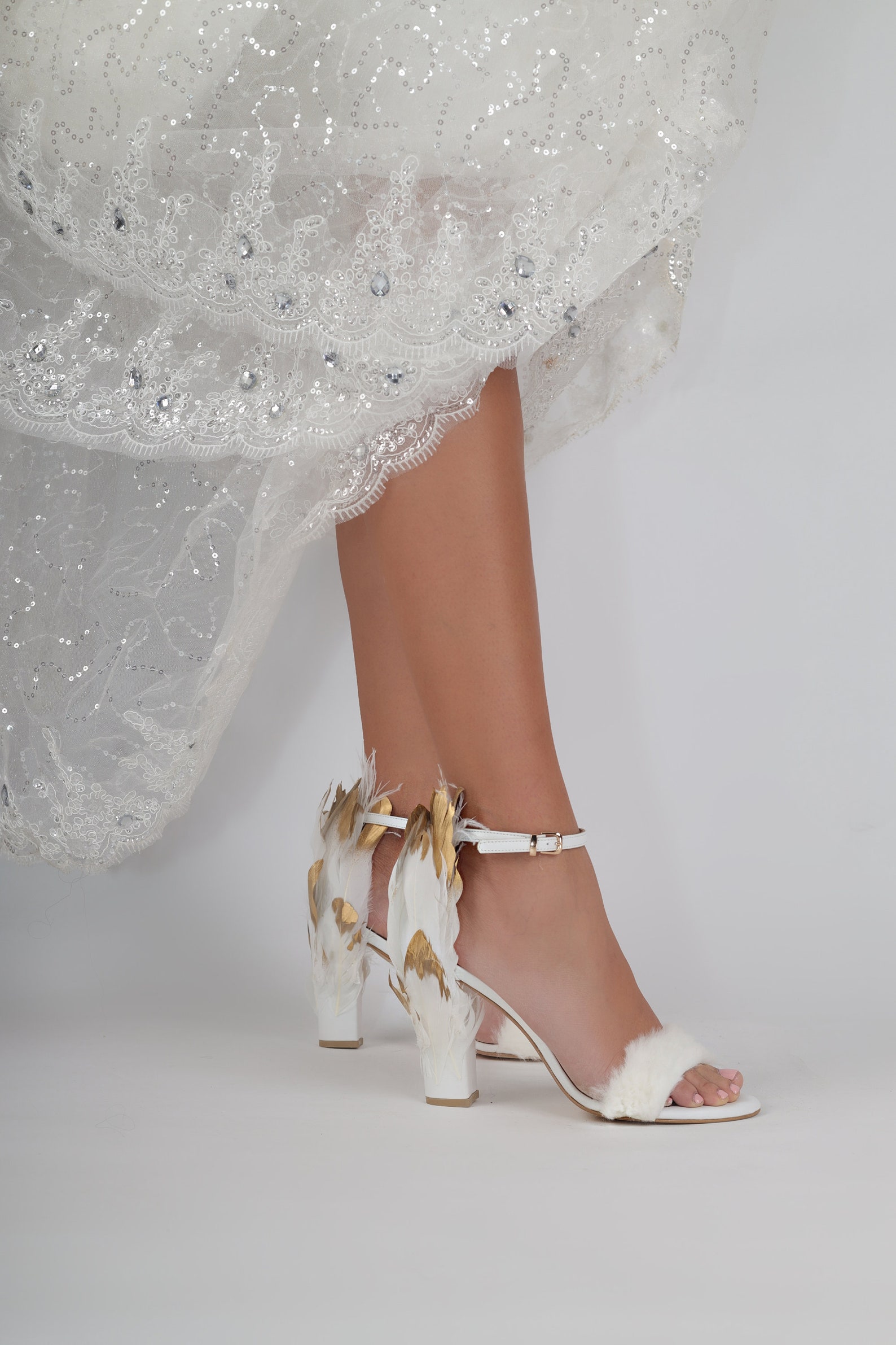 Custom Wedding Block Heels With Feathers , Fairy Fur Bridal Shoes, Fur ...