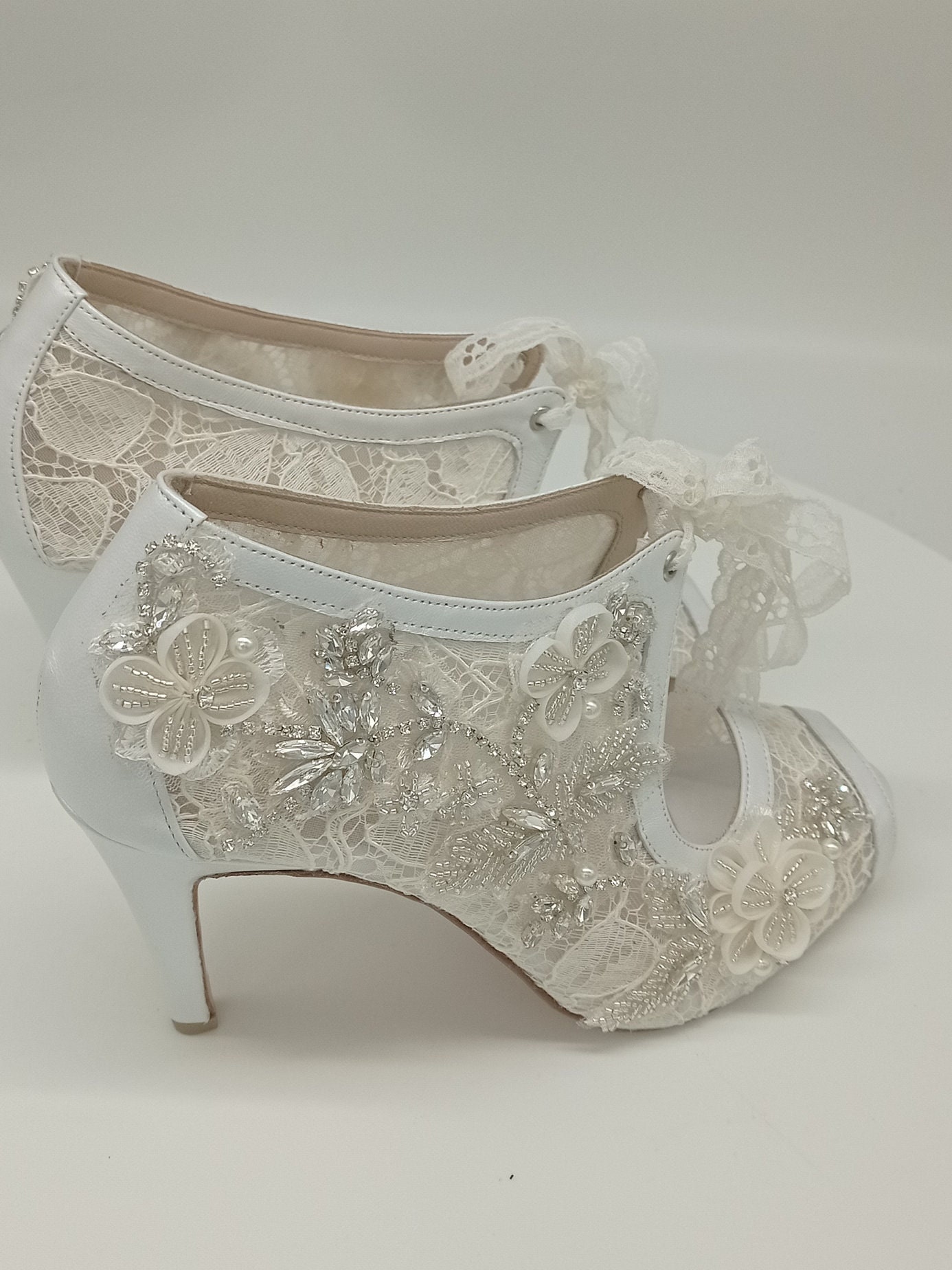 Handmade Leather Bridal Booties: Lace Flower Crystal Wedding Heels - Etsy