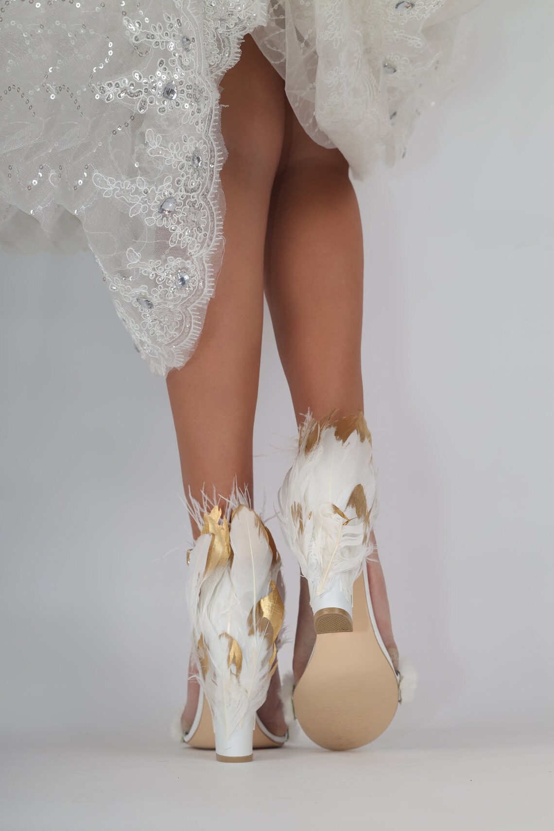 Custom Wedding Block Heels With Feathers , Fairy Fur Bridal Shoes, Fur ...