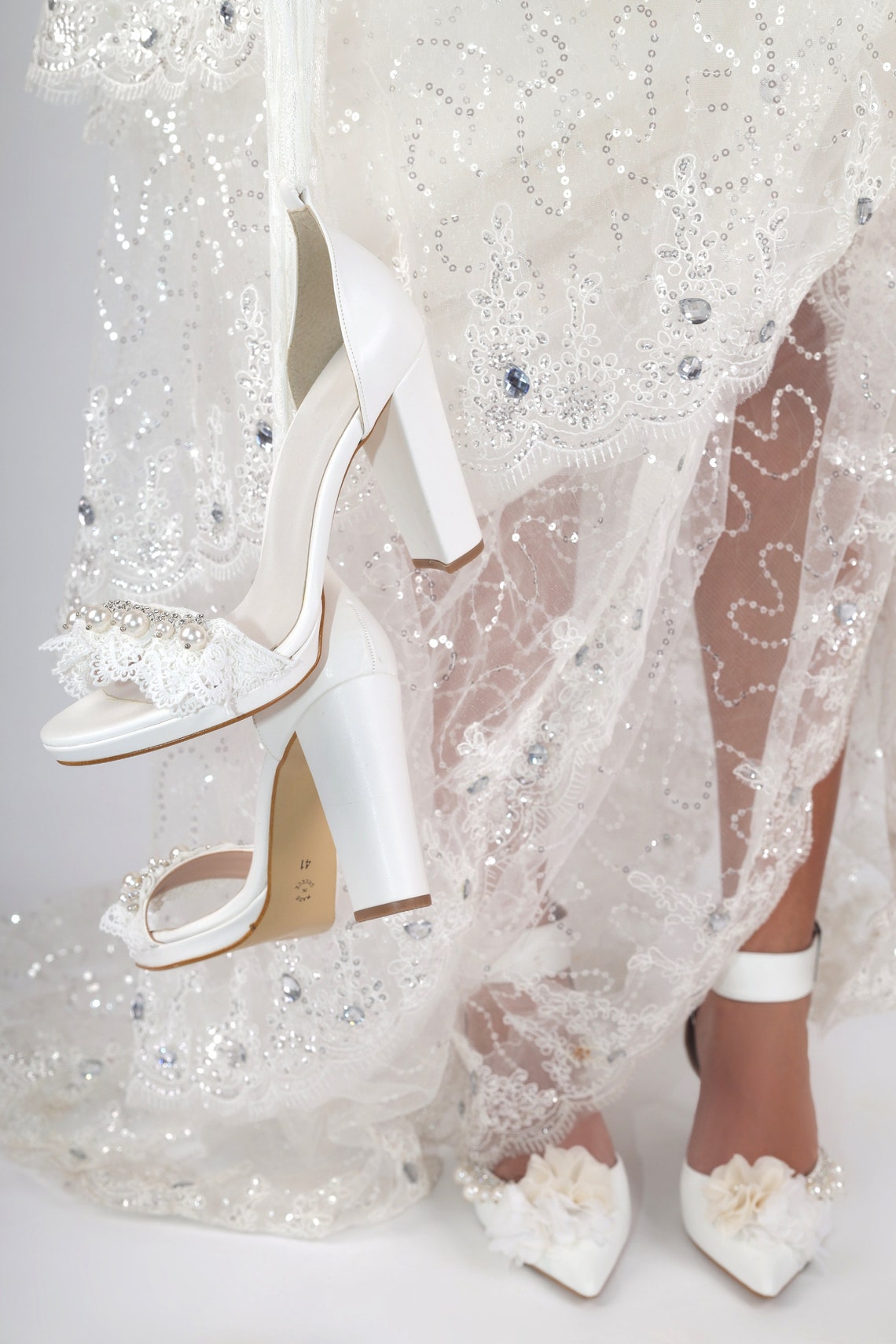 Custom Romantic Lace Block Sandals, Lace Wedding Sandals, Bridal Sandal ...