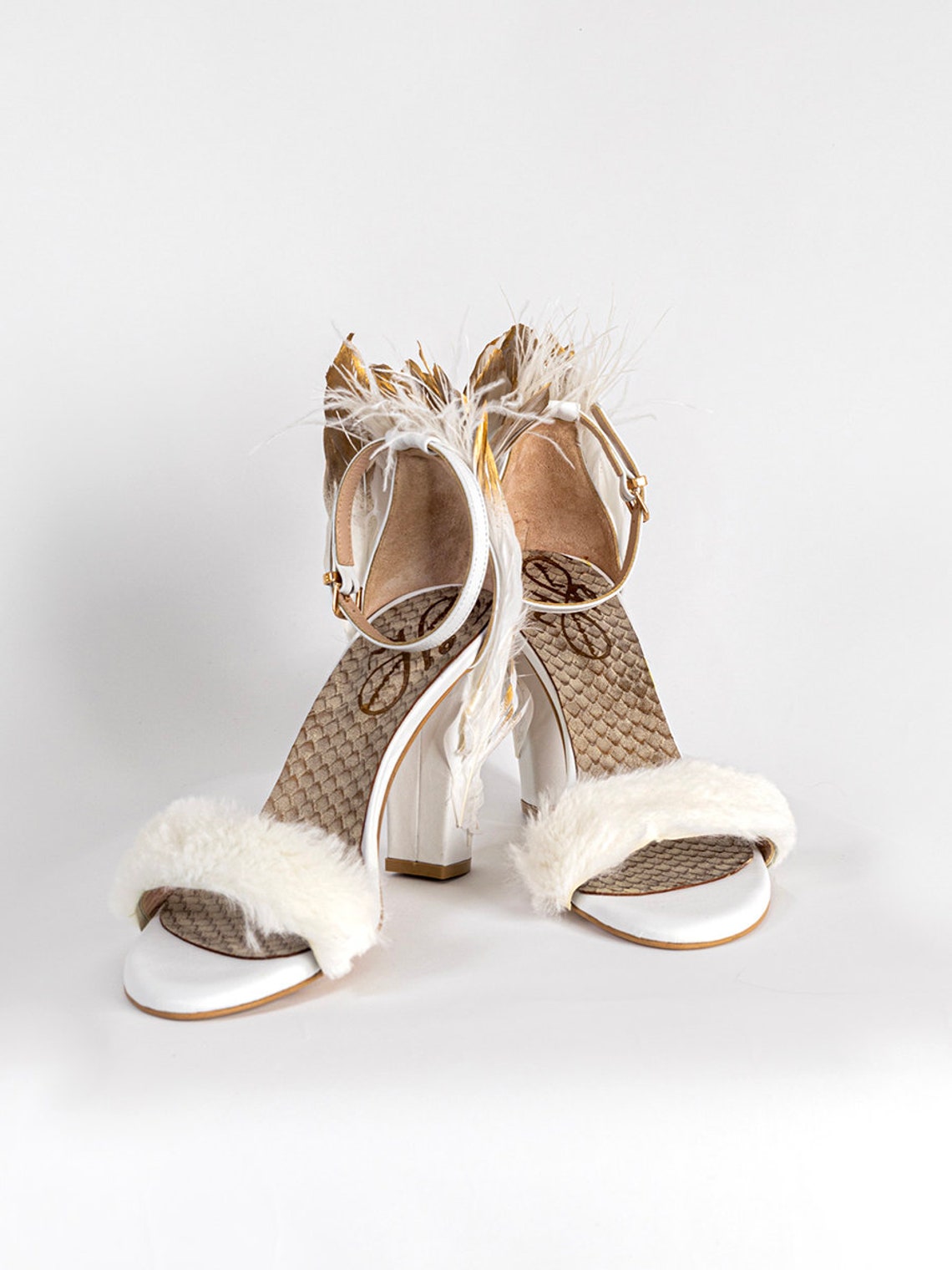 Custom Wedding Block Heels With Feathers , Fairy Fur Bridal Shoes, Fur ...