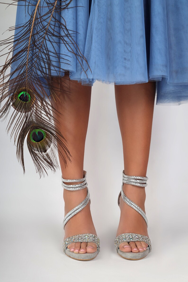 Silver Grey All Real Leather Heels, Bridal Party Platform Strap Heels ...