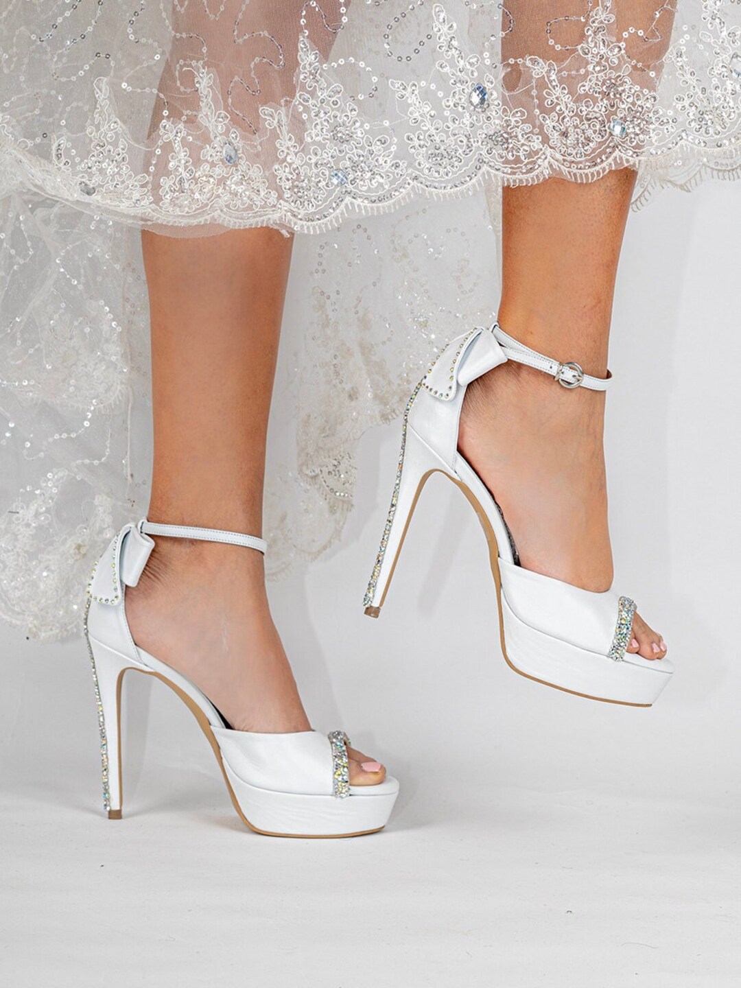 White Bridal Platform Shoes, Wedding Shoes With Swarovski, Platform ...